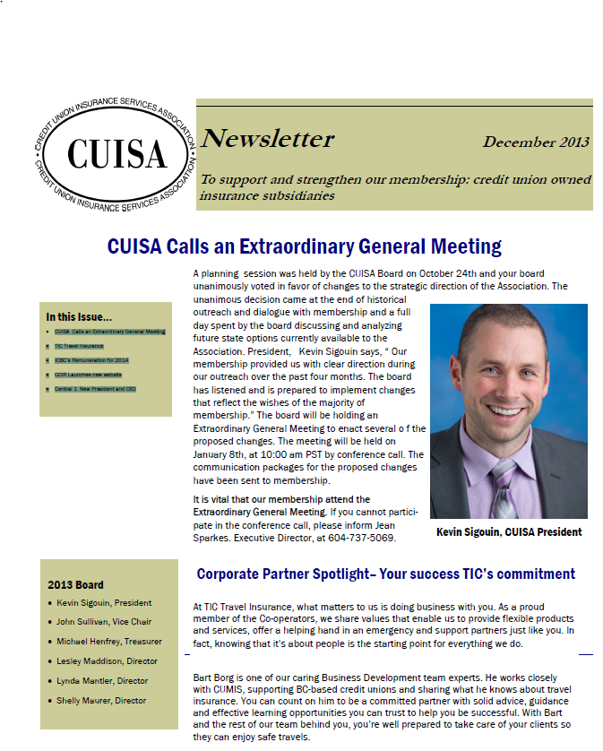 December Newsletter 2013 - Credit Union Insurance Services Association
