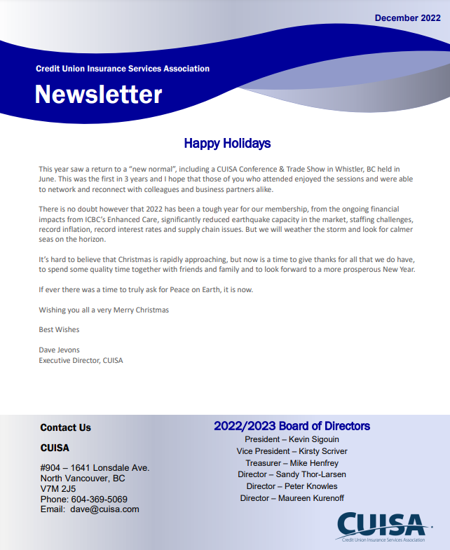 December 2022 Newsletter - Credit Union Insurance Services Association